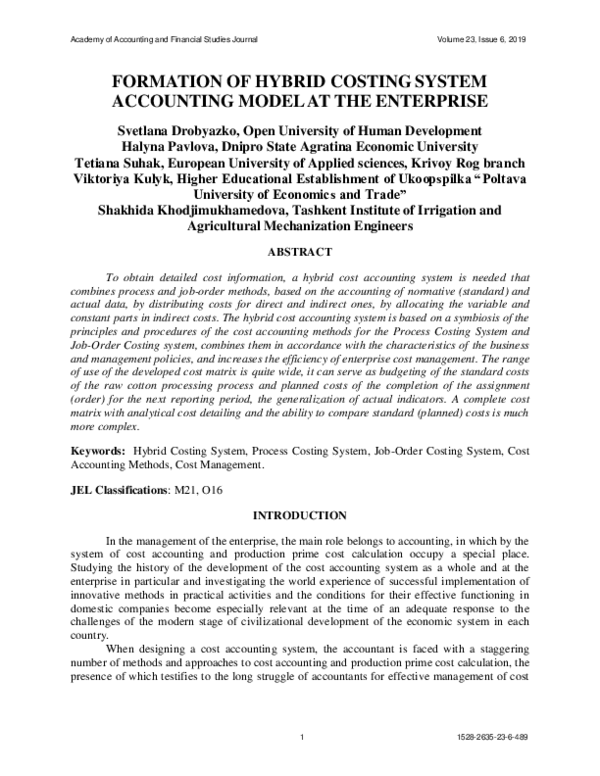 (PDF) Formation of Hybrid Costing System Accounting Model at the Enterprise