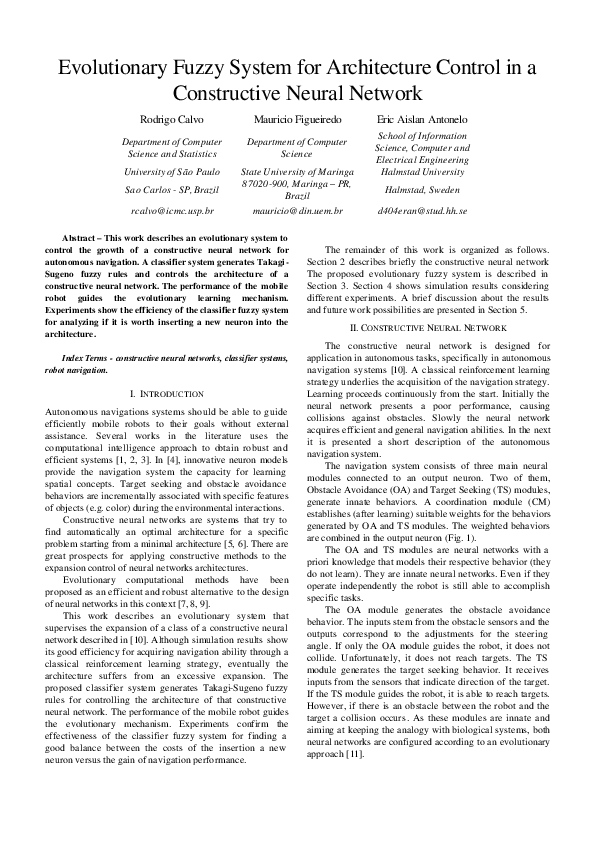 Pdf Evolutionary Fuzzy System For Architecture Control In A Constructive Neural Network
