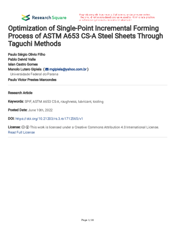 (PDF) Optimization of Single-Point Incremental Forming Process of ASTM A653 CS-A Steel Sheets ...
