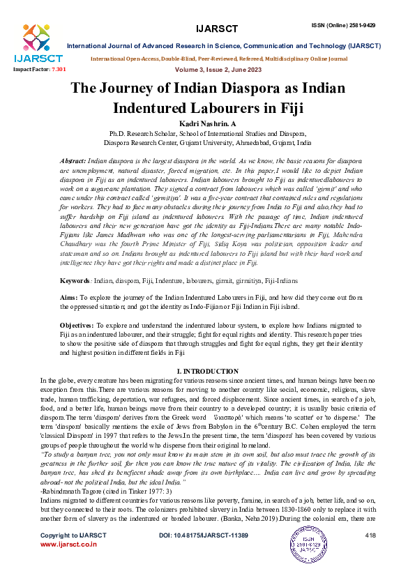 (PDF) The Journey of Indian Diaspora as Indian Indentured Labourers in Fiji