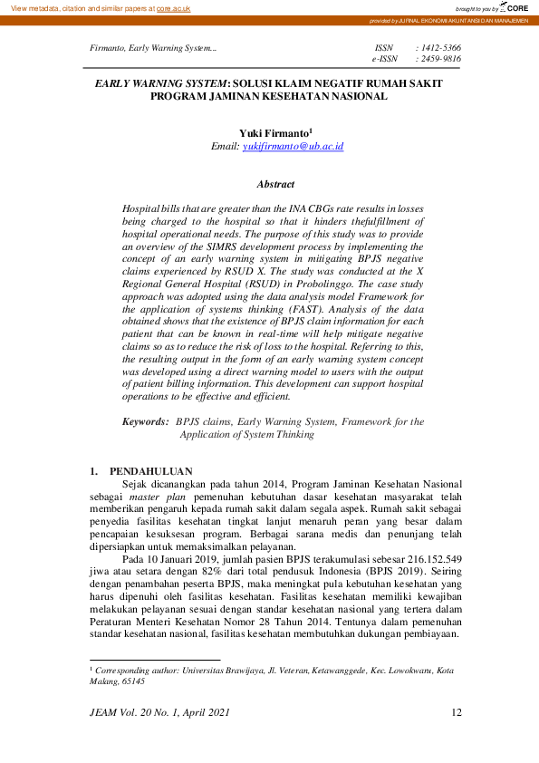 (PDF) Early Warning System: Solusi Klaim Negatif Rumah Sakit Program Jaminan Kesehatan Nasional