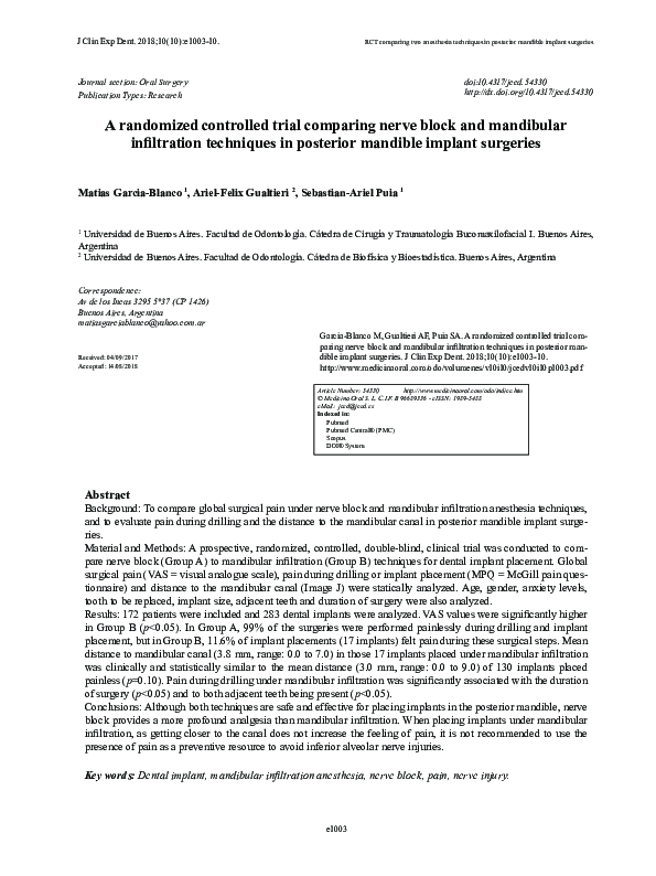(PDF) A randomized controlled trial comparing nerve block and mandibular infiltration techniques ...