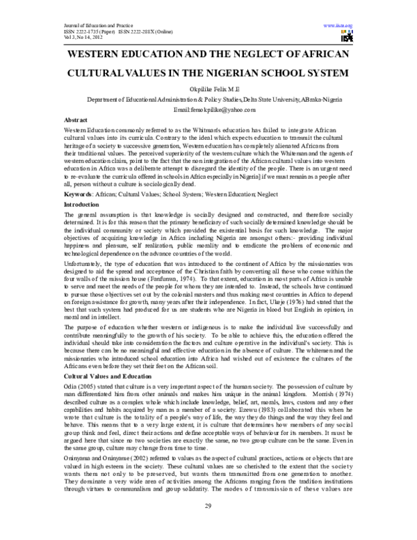 (PDF) Western Education and the Neglect of African Cultural Values in ...