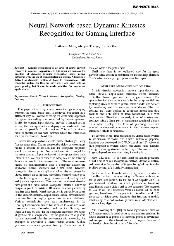 (PDF) Neural Network based Dynamic Kinesics Recognition for Gaming Interface