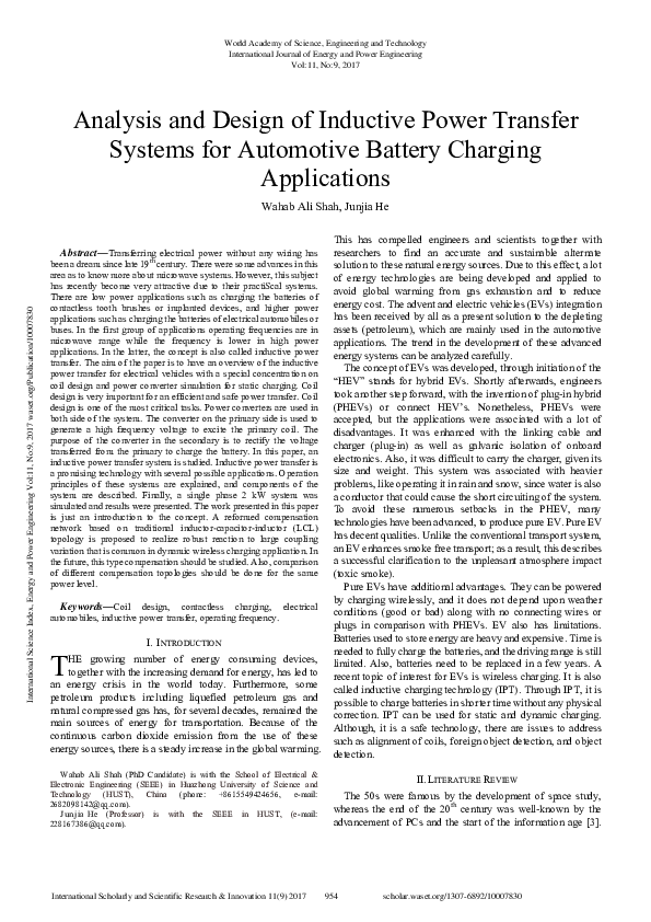 Pdf Analysis And Design Of Inductive Power Transfer Systems For