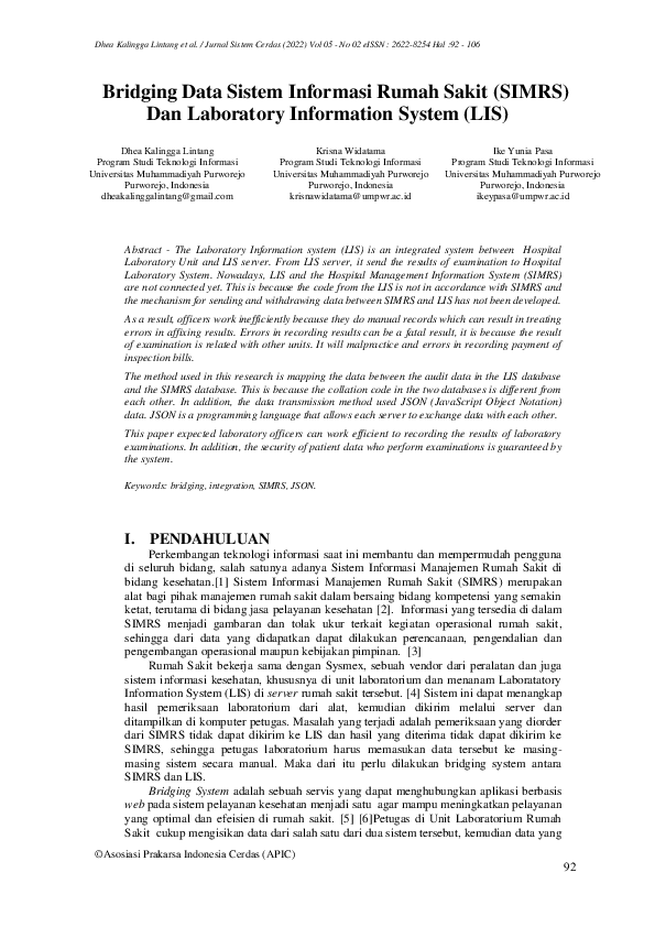 (PDF) Bridging Data Sistem Informasi Rumah Sakit (SIMRS) Rumah Sakit Dan Laboratory Information ...