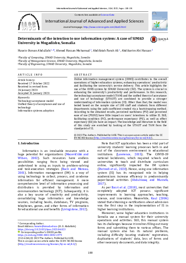 (PDF) Determinants of the intention to use information system: A case of SIMAD University in ...