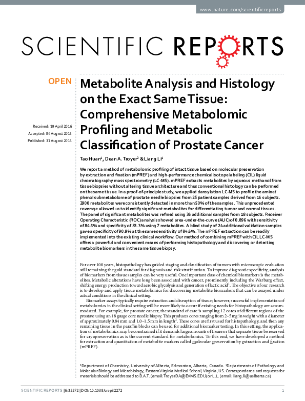 (PDF) Metabolite Analysis and Histology on the Exact Same Tissue: Comprehensive Metabolomic ...