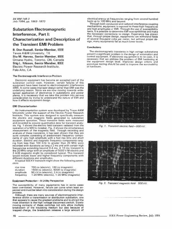 Pdf Substation Electromagnetic Interference Part I Characterization And Description Of The