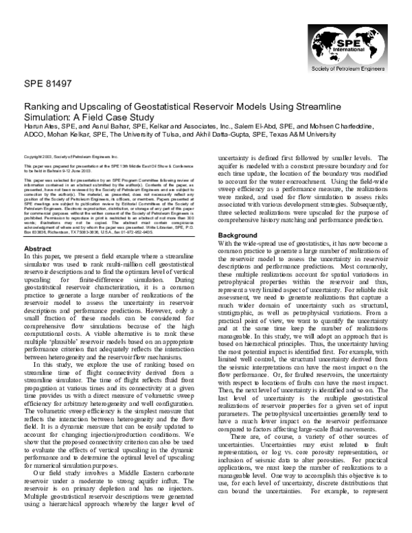 (PDF) Ranking and Upscaling of Geostatistical Reservoir Models by Use of Streamline Simulation ...