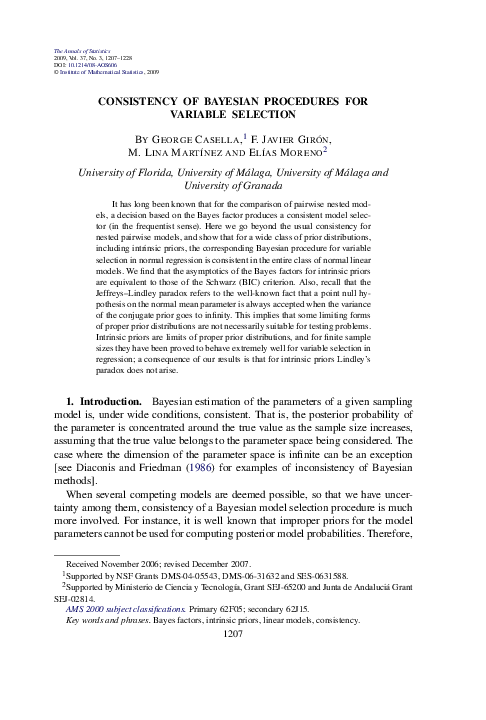 (PDF) Consistency of Bayesian procedures for variable selection