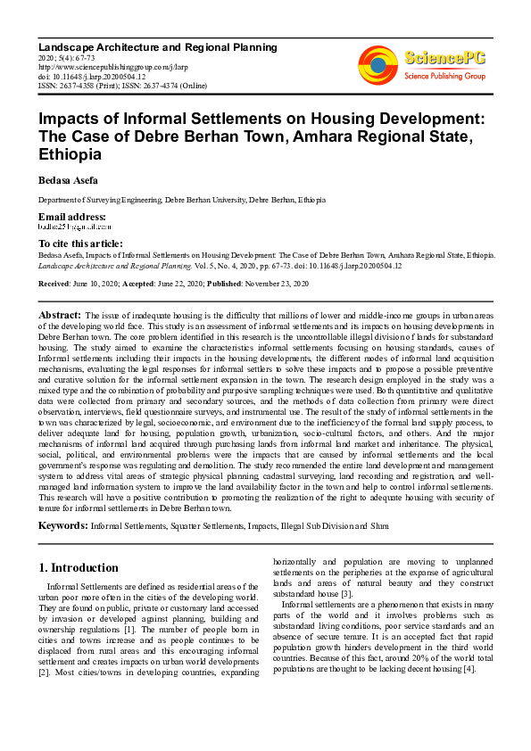 (PDF) Impacts of Informal Settlements on Housing Development: The Case of Debre Berhan Town ...