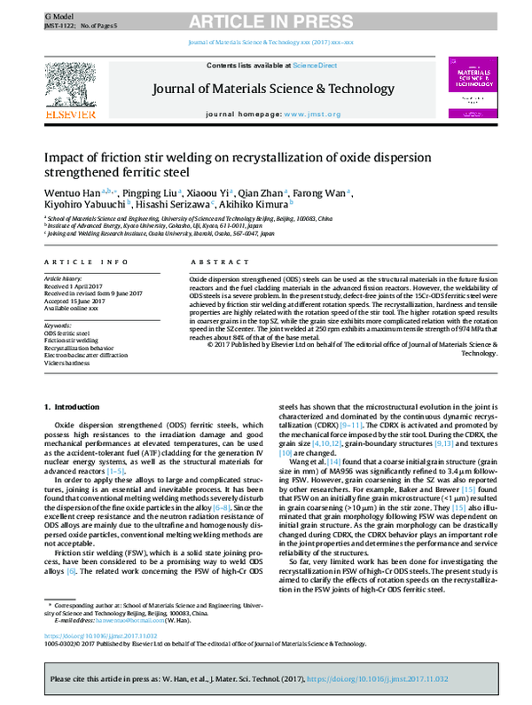 Pdf Impact Of Friction Stir Welding On Recrystallization Of Oxide
