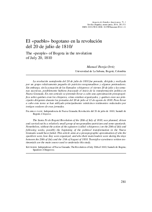 (PDF) El «pueblo» bogotano en la revolución del 20 de julio de 1810