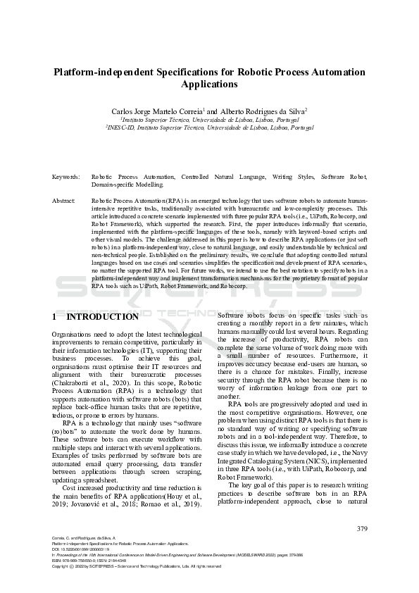 (PDF) Platform-independent Specifications for Robotic Process Automation Applications