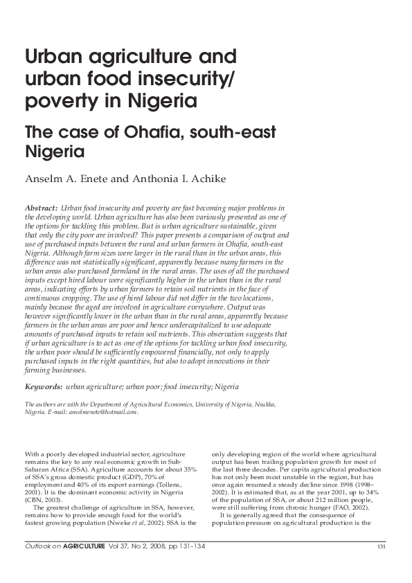 (PDF) Urban Agriculture and Urban Food Insecurity/Poverty in Nigeria