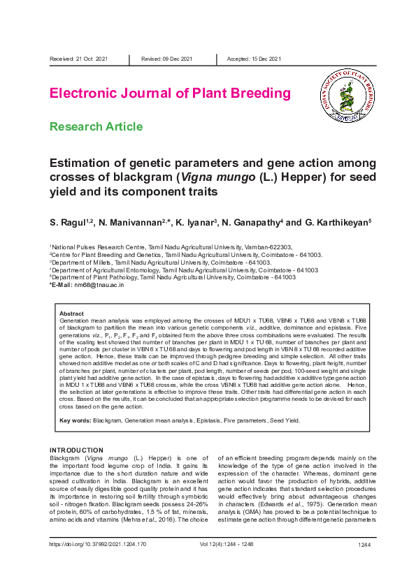 (PDF) Estimation of genetic parameters and gene action among crosses of blackgram (Vigna mungo ...