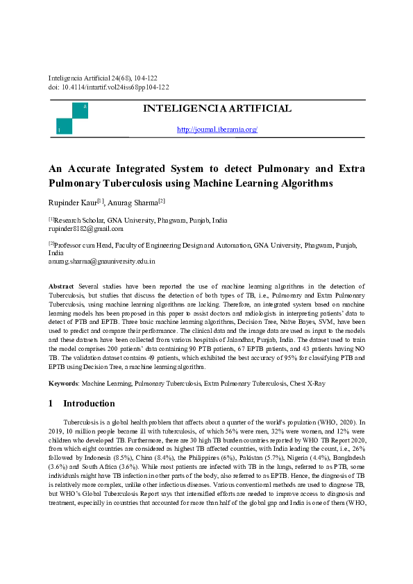 (PDF) Accurate Integrated System to detect Pulmonary and Extra Pulmonary Tuberculosis using ...