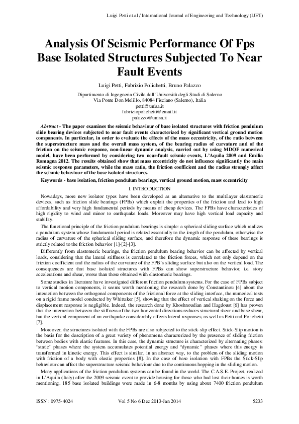 (PDF) Analysis Of Seismic Performance Of Fps Base Isolated Structures Subjected To Near Fault Events