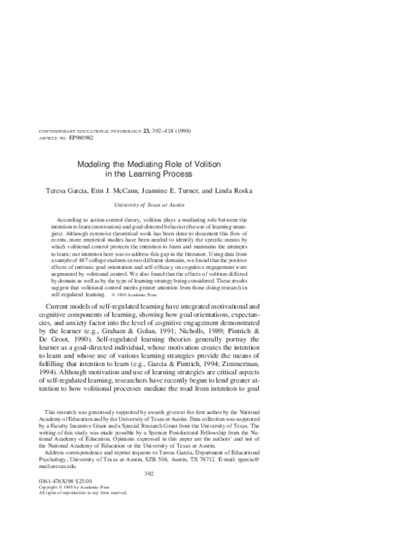 (PDF) Modeling the Mediating Role of Volition in the Learning Process