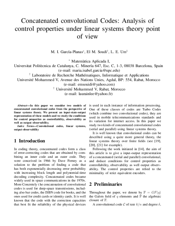 (PDF) Concatenated convolutional codes: Analysis of control properties under linear systems ...