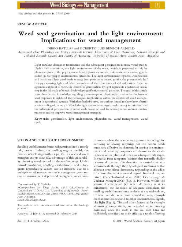 (PDF) Weed seed germination and the light environment: Implications for ...