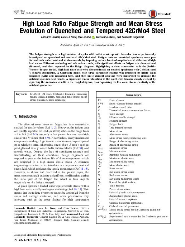 (PDF) High Load Ratio Fatigue Strength and Mean Stress Evolution of ...