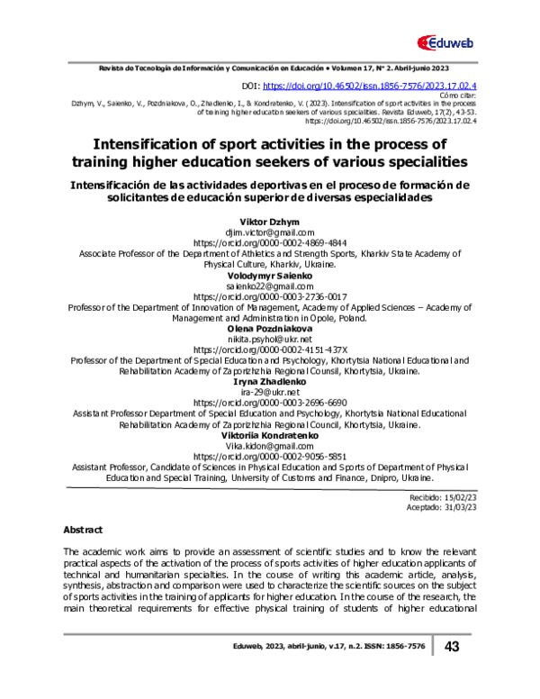 (PDF) Intensification of sport activities in the process of training higher education seekers of ...