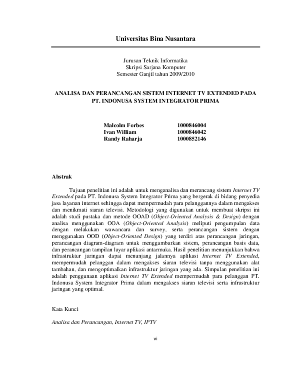 (PDF) Analisa Dan Perancangan Sistem Internet TV Extended Pada Pt. Indonusa System Integrator Prima
