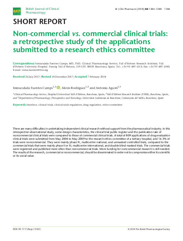 (PDF) Non-Commercial versus Commercial Clinical Trials: a Retrospective ...