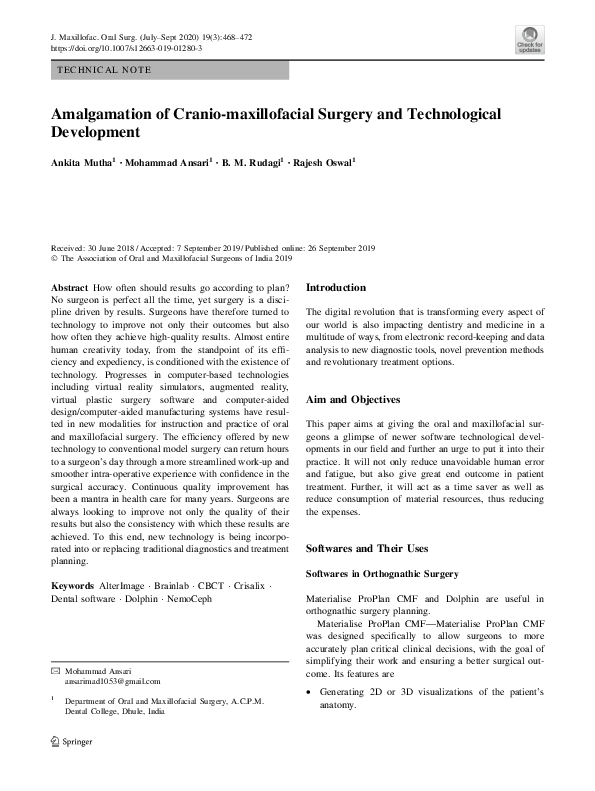 (PDF) Amalgamation of Cranio-maxillofacial Surgery and Technological Development