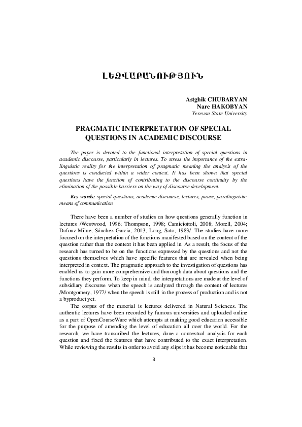 (PDF) Pragmatic Interpretation of Special Questions in Academic Discourse