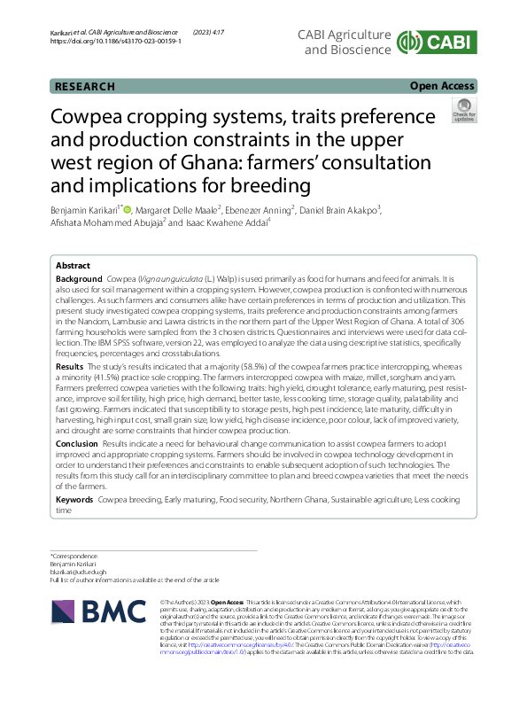 (PDF) Cowpea cropping systems, traits preference and production constraints in the upper west ...
