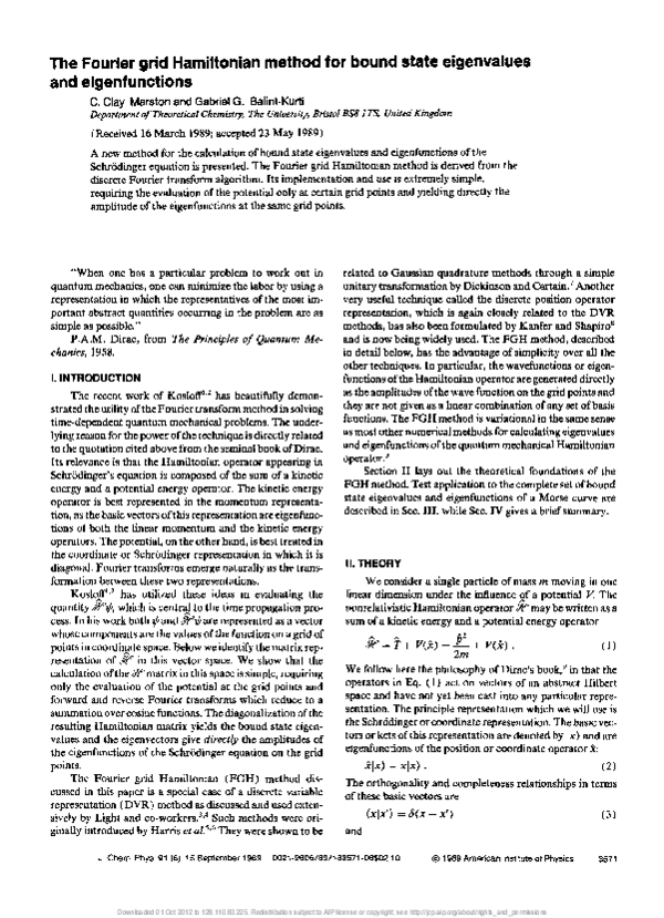(PDF) The Fourier grid Hamiltonian method for bound state eigenvalues and eigenfunctions