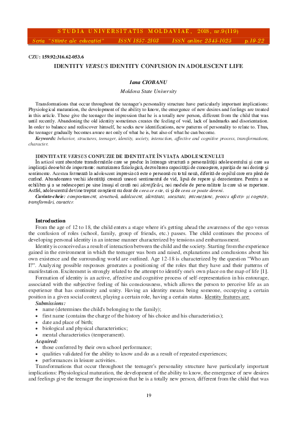 (PDF) Identity Versus Identity Confusion in Adolescent Life