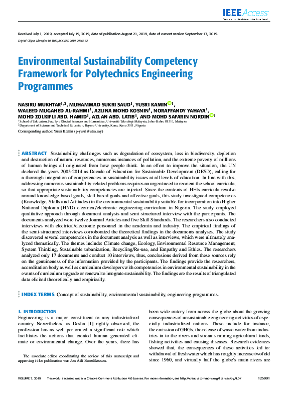 (PDF) Environmental Sustainability Competency Framework for Polytechnics Engineering Programmes
