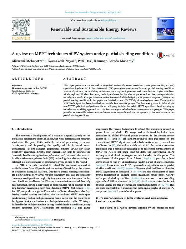 (PDF) A review on MPPT techniques of PV system under partial shading condition
