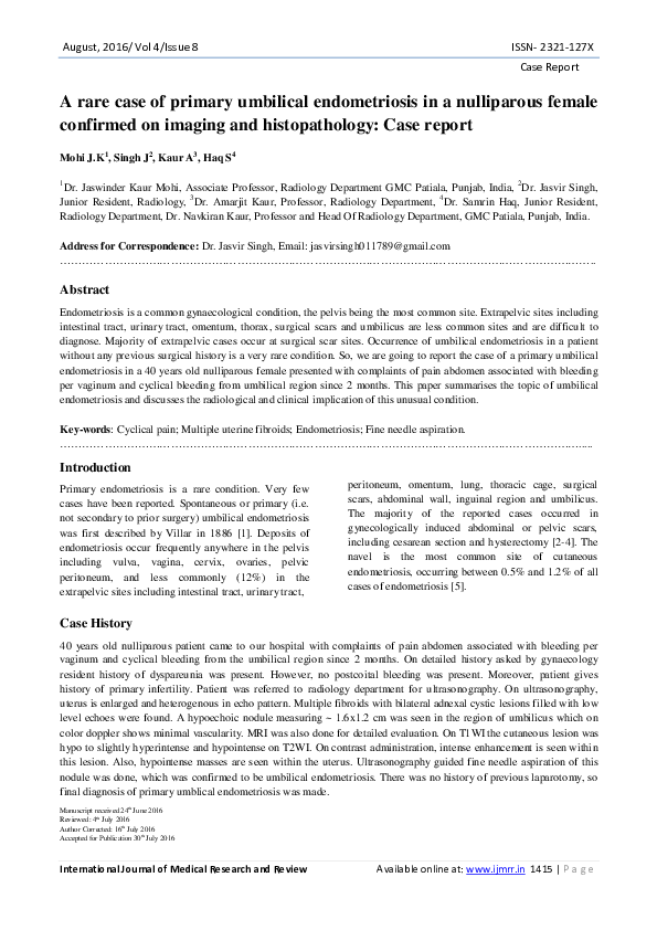 (PDF) A rare case of primary umbilical endometriosis in a nulliparous ...