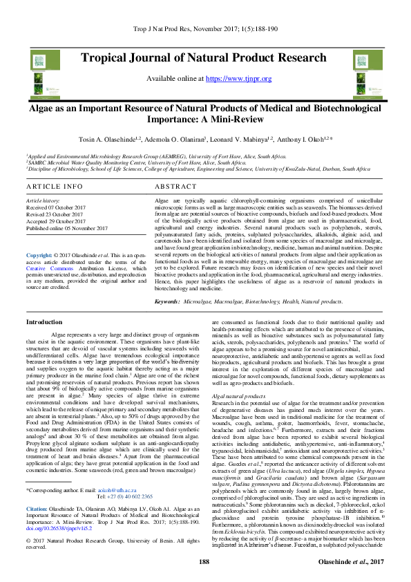 (PDF) Algae as an Important Resource of Natural Products of Medical and ...