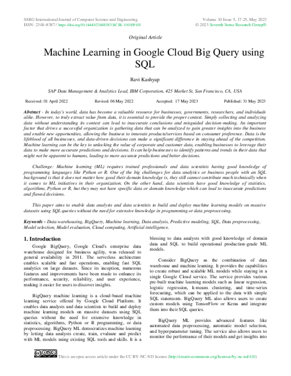 (PDF) Machine Learning in Google Cloud Big Query using SQL
