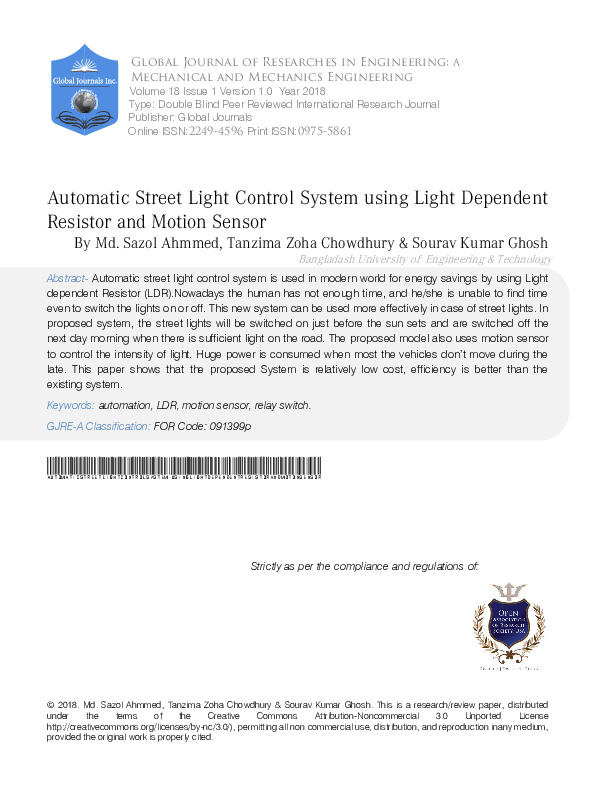 Pdf Automatic Street Light Control System Using Light Dependent Resistor And Motion Sensor