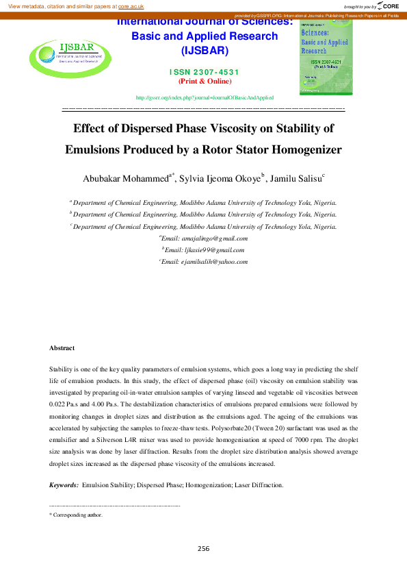 (PDF) Effect of Dispersed Phase Viscosity on Stability of Emulsions ...