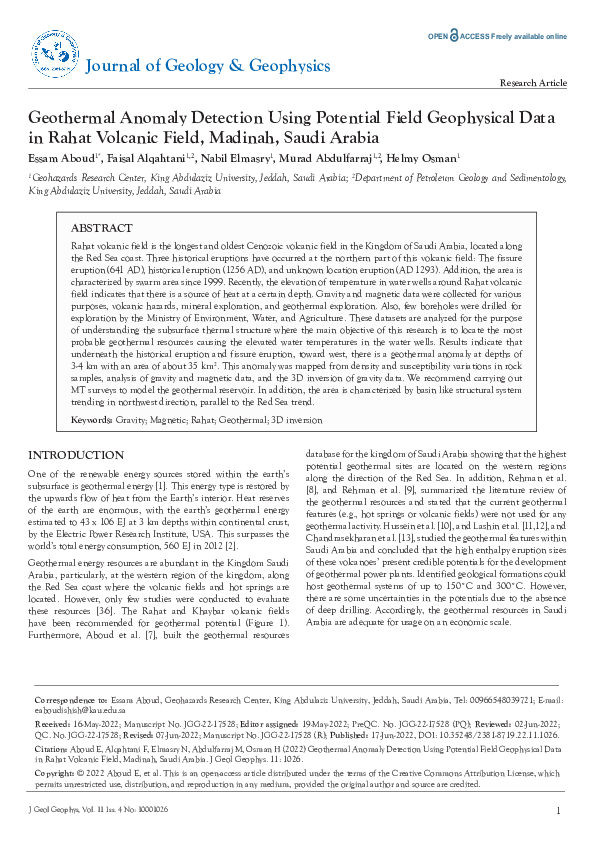 (PDF) Geothermal Anomaly Detection Using Potential Field Geophysical Data in Rahat Volcanic ...