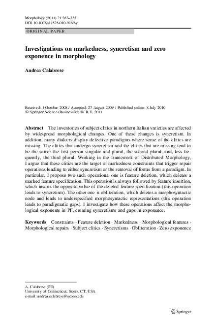 (PDF) Investigations on markedness, syncretism and zero exponence in ...