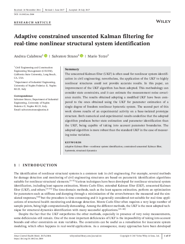 Pdf Adaptive Constrained Unscented Kalman Filtering For Real Time Nonlinear Structural System