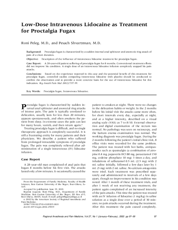 (PDF) Low-dose intravenous lidocaine as treatment for proctalgia fugax