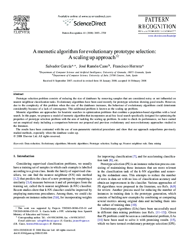 (PDF) A memetic algorithm for evolutionary prototype selection: A scaling up approach