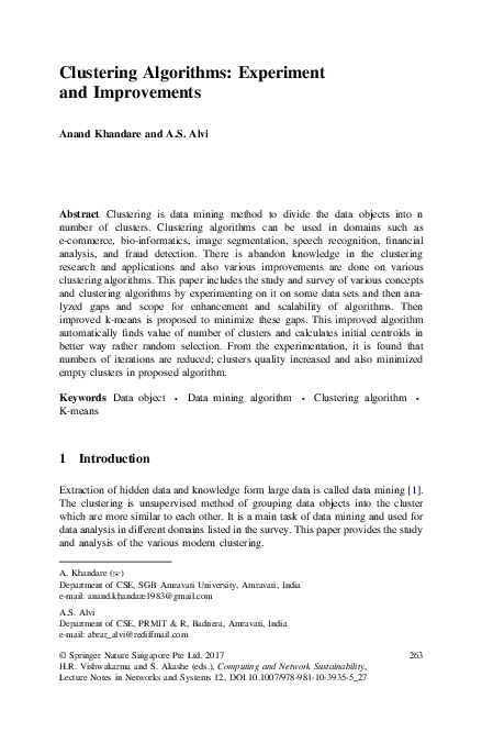 (PDF) Clustering Algorithms: Experiment and Improvements