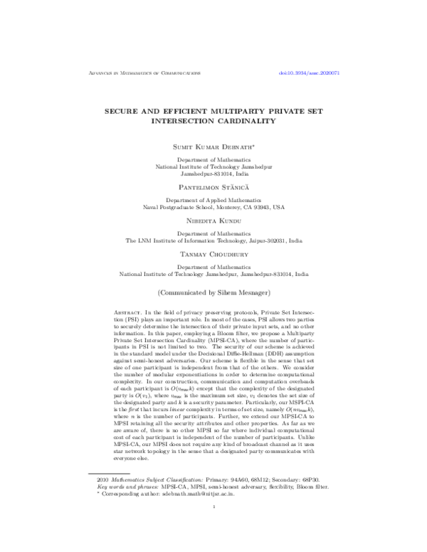 (PDF) Secure and efficient multiparty private set intersection cardinality
