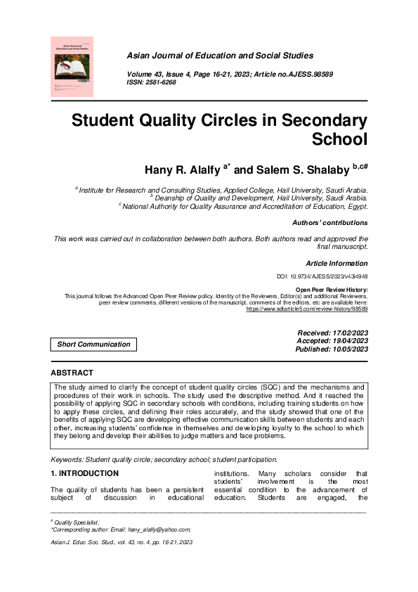 (PDF) Student Quality Circles in Secondary School